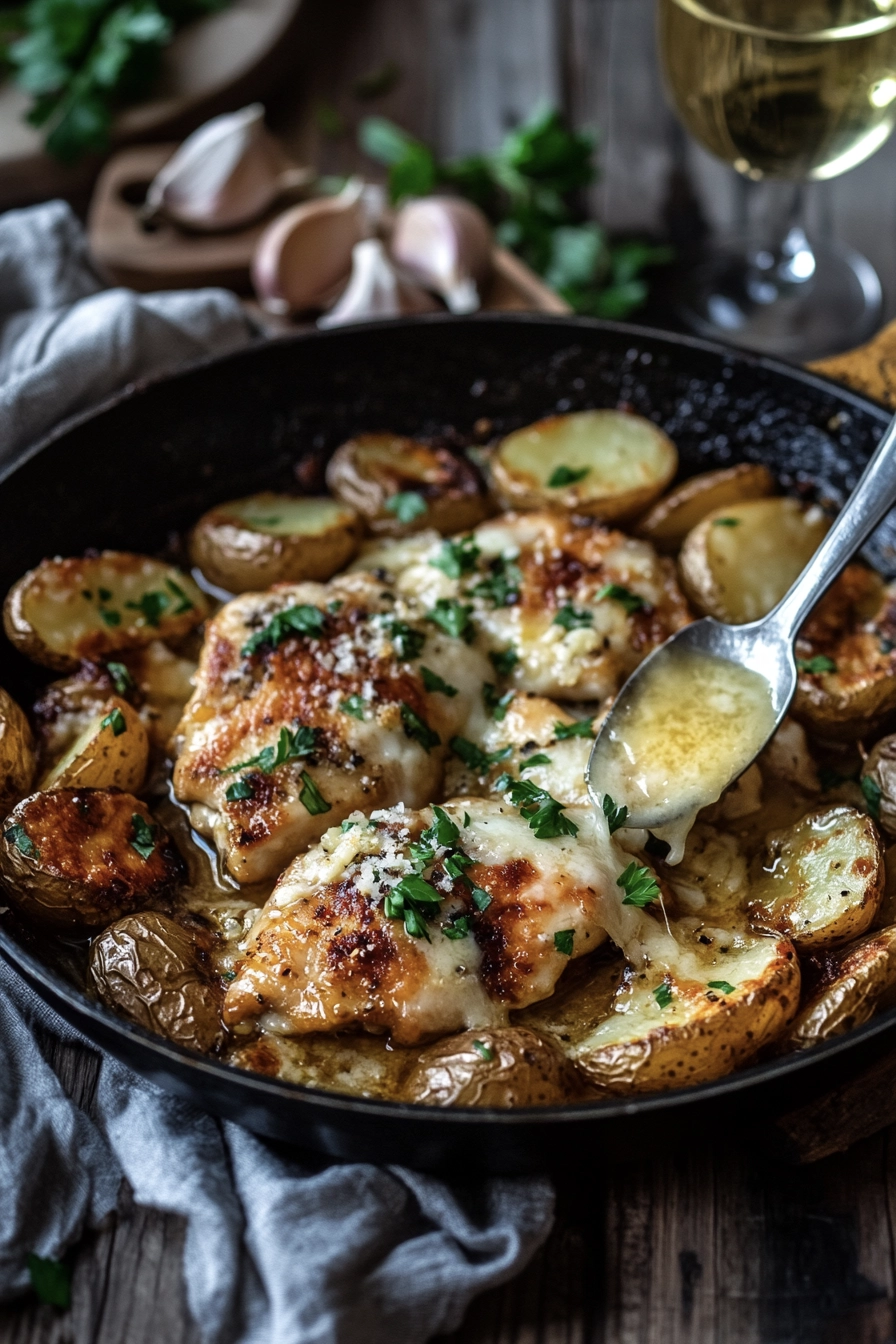 Honey Garlic Butter Chicken & Cheesy Roasted Potatoes (One-Pan Wonder!)