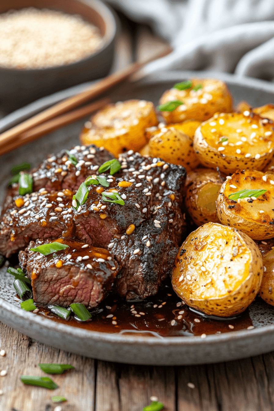 Sticky Honey Garlic Beef With Crispy Sesame Potatoes