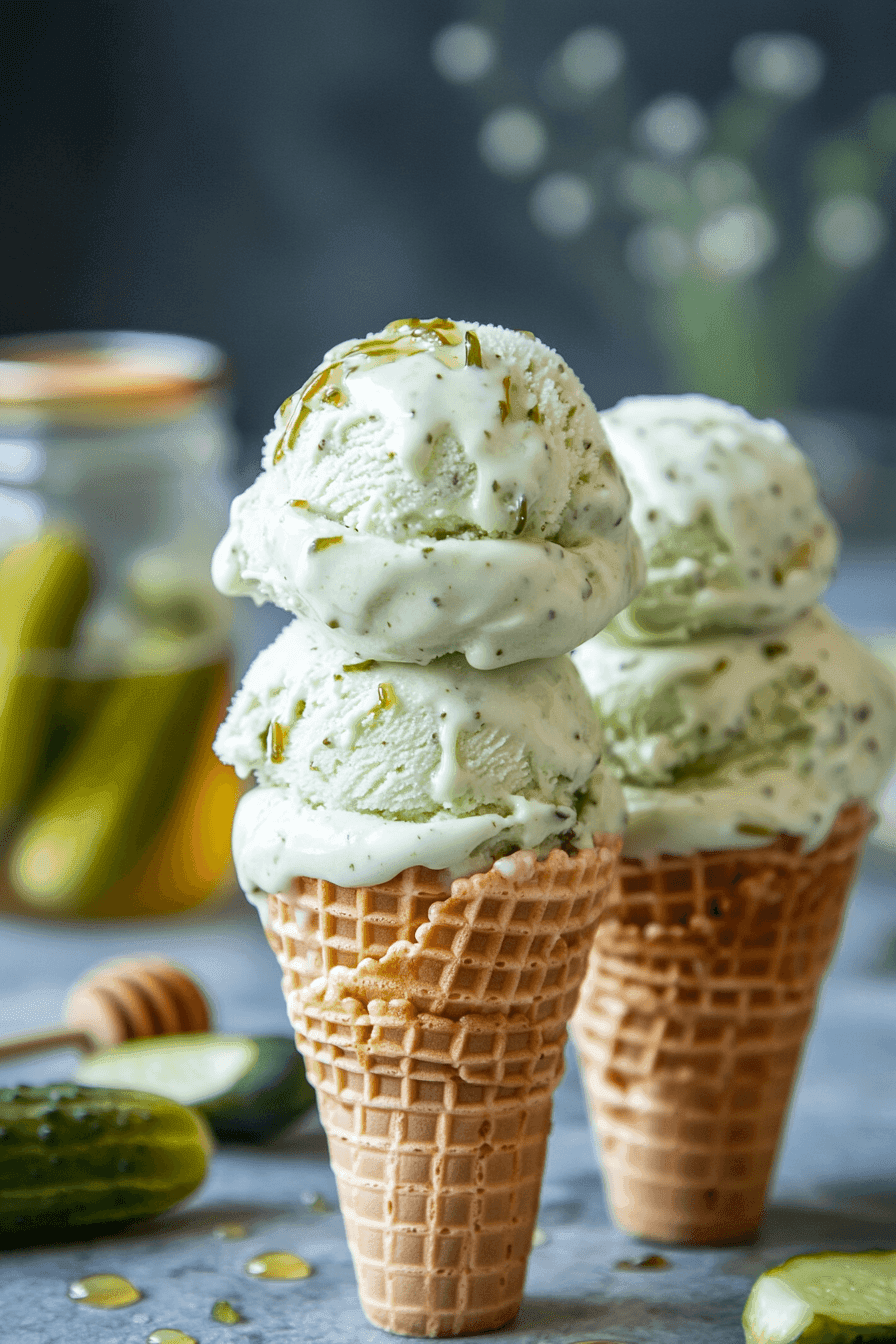 Dill Pickle Ice Cream With A Honey Drizzle