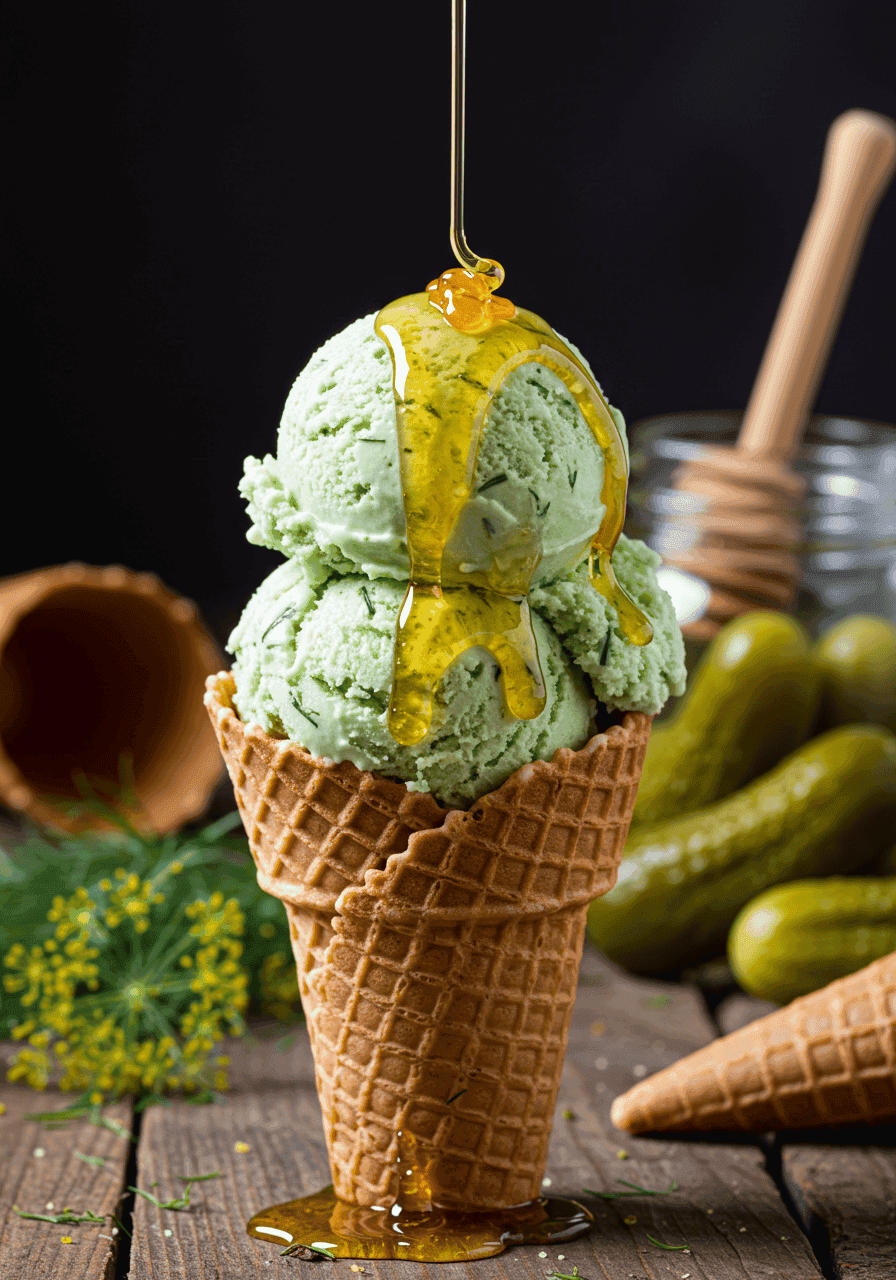 Dill Pickle Ice Cream With A Honey Drizzle