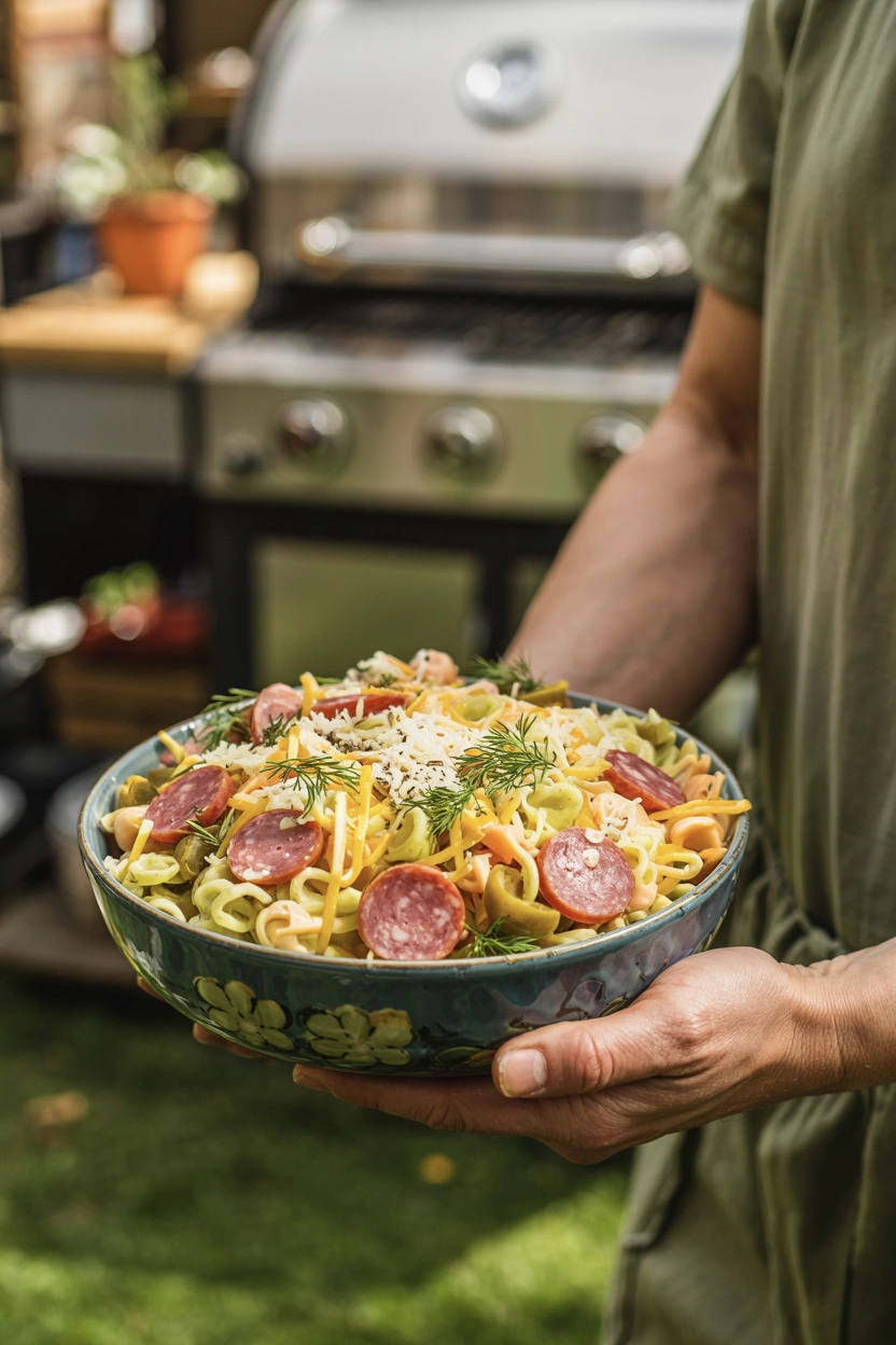 Dill Pickle Pasta Salad With Crispy Salami & Cheddar