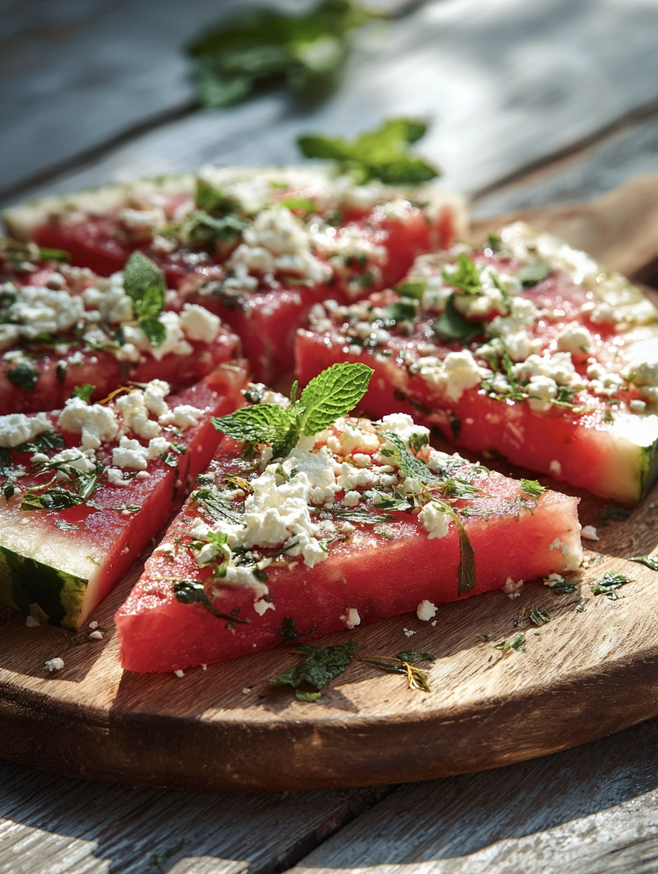 Watermelon Feta "Pizza" With Mint Pesto Drizzle