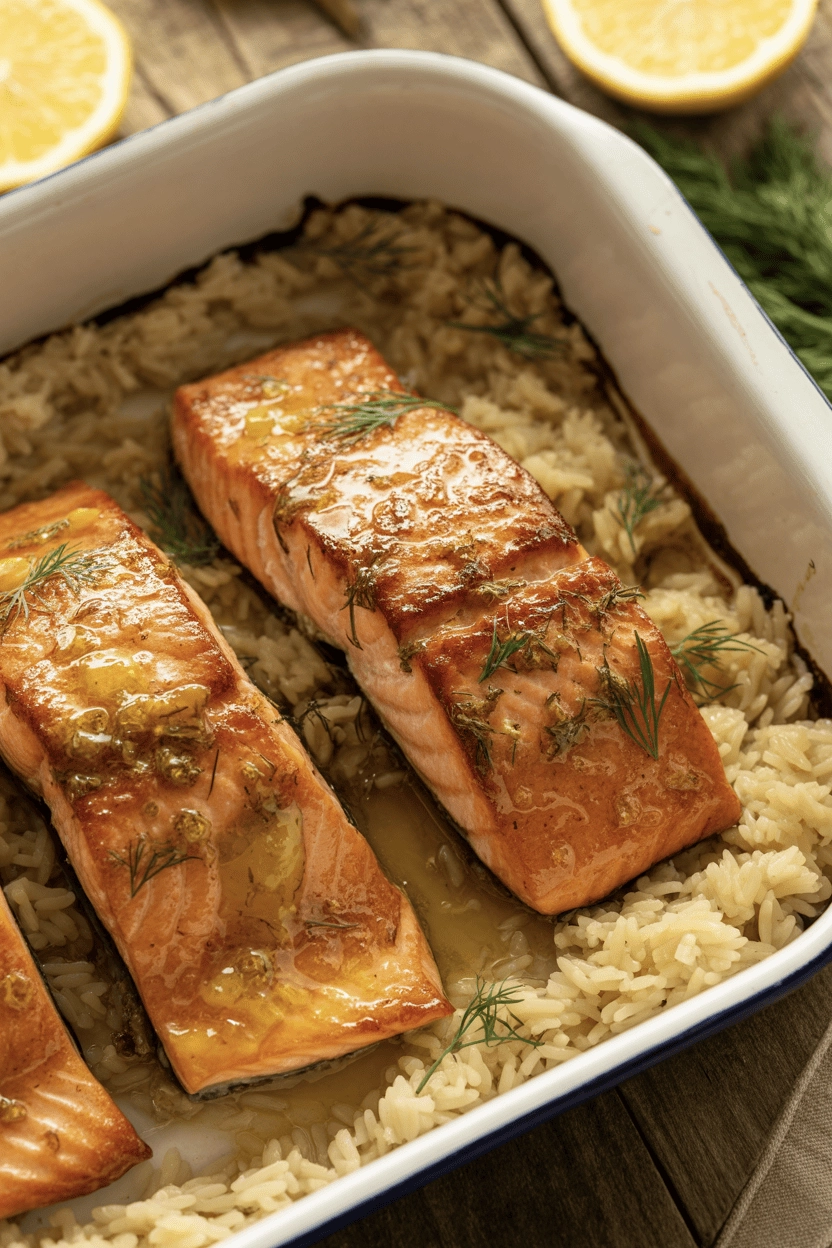 Crazy Simple Baked Salmon With Dill Rice And Lemon-Honey Mayo Glaze